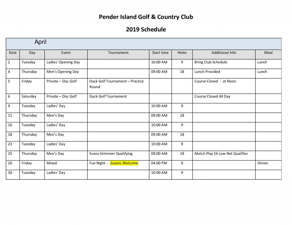 Schedule - Pender Island Golf and Country Club