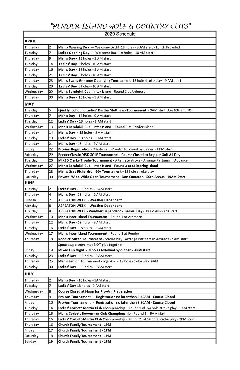 Schedule - Pender Island Golf and Country Club