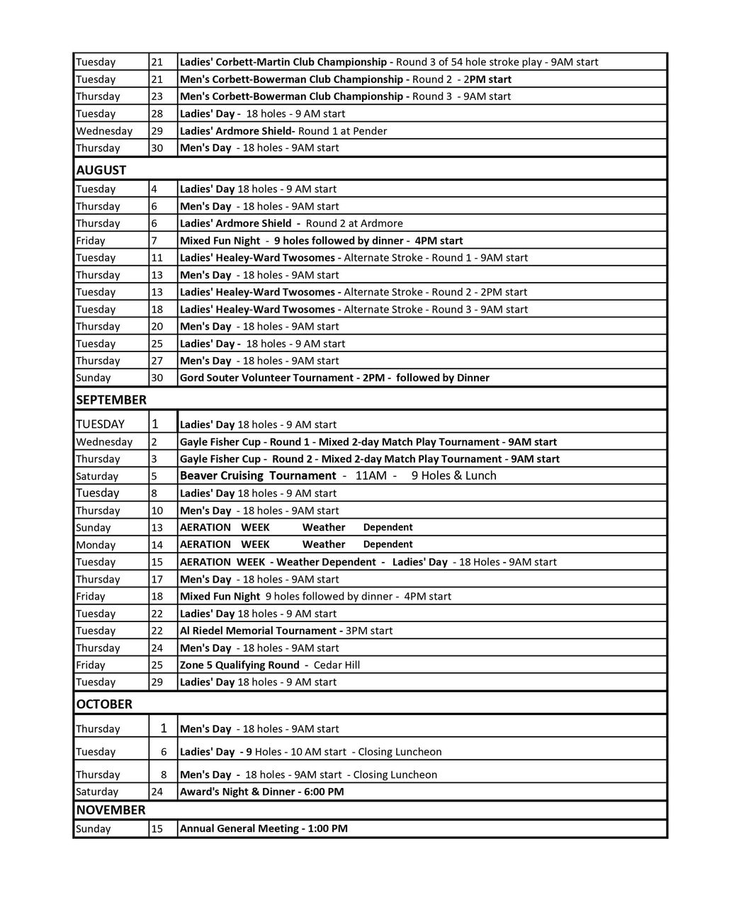 Schedule - Pender Island Golf and Country Club